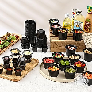 AOZITA 200-2 oz Black Jello Shot Cups, Portion Cups, Small Plastic Containers with Lids, Airtight Souffle Cups, Salad Dressing Container, Sauce Cups, Condiment Cups for Lunch, Party to Go, Trips