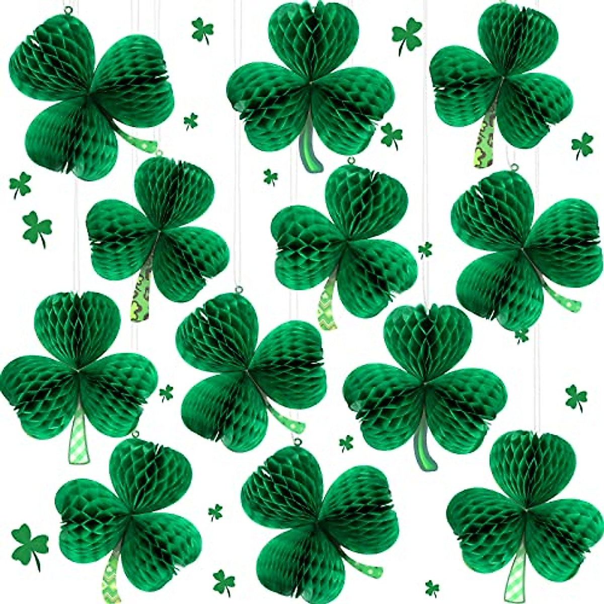 12 Pcs St. Patrick's Day Honeycomb Decoration St Patrick's Day Hanging Ornaments Shamrock Gold Clover Hat Beer Mug Irish Elf Shoes Honeycomb for St. Patrick's Day Party Decor (Clover)