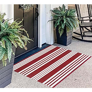 Red and White Striped Outdoor Rug 24'' x 35'' Door Mat Outdoor Machine Washable Welcome Mats Cotton Hand-Woven Entryway Rug for Front Porch/Entryway/Laundry/Bathroom/Bedroom