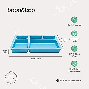 bobo&boo Bamboo Kids Divided Bento Plate, Sectioned Toddler Plate, Children’s Compartment Plates, 5 Portioned Sections, Mix and Match, Dolphin Blue