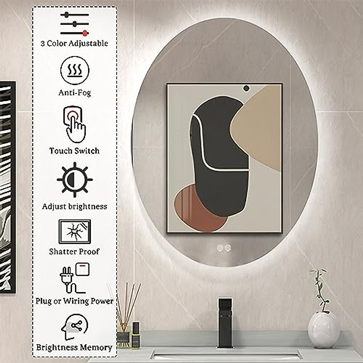 BuLife 28 X 20 Inch Oval Backlit LED Bathroom Mirror Anti-Fog 3 Colors Light Dimmable Wall Mounted Lighted Bathroom Vanity Mirror Smart Makeup Mirror with Touch Switch