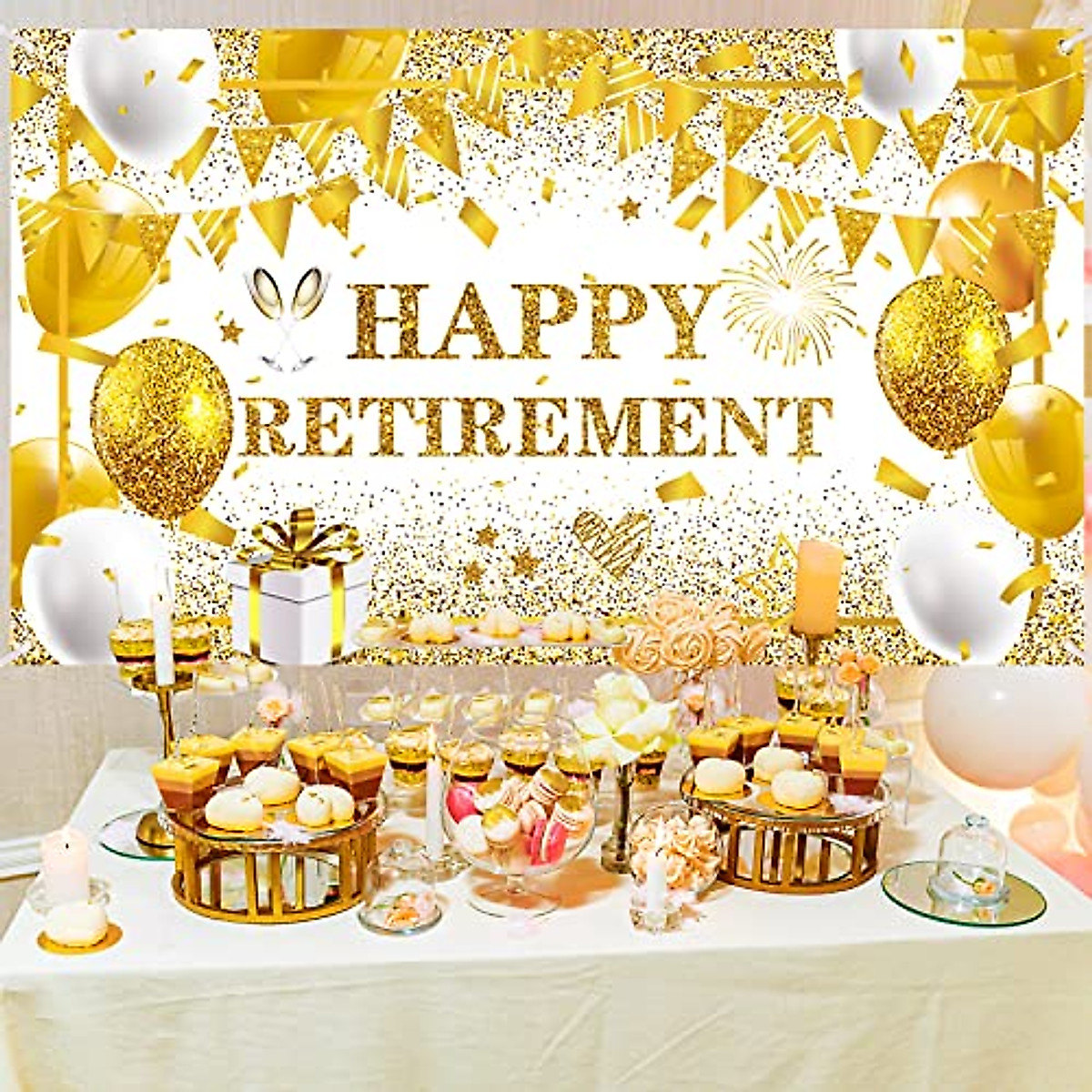 Gold and White Retirement Party Decorations for Men Women Extra Large White Gold Happy Retirement Banner Photo Booth Backdrop Background for Retirement Farewell Party Supplies