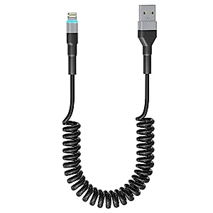 Coiled Lightning Cable Apple Carplay Compatible [Apple MFi Certified] Short USB to Lightning Apple Carplay Cable with Data Sync and LED, Retractable iPhone Charger Cord for iPhone/Pad/Pod