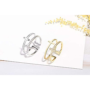 Flzaitian Simple Fashion Double Layer Cross Open Ring,Crystal Cross Finger Rings for Couple Women Girl (Silver)