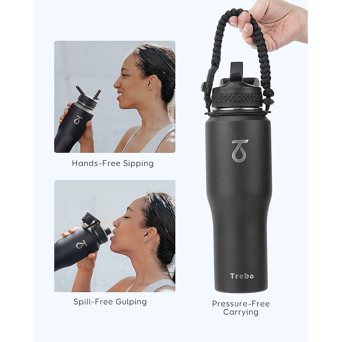 Trebo Water Bottle 32oz with Paracord Handle,Food-grade Double Wall Vacuum Stainless Steel Insulated Tumbler Flask with Straw Spout Lids,Leakproof Keep Cold & Hot,Fit in Any Car Cup Holder,Black