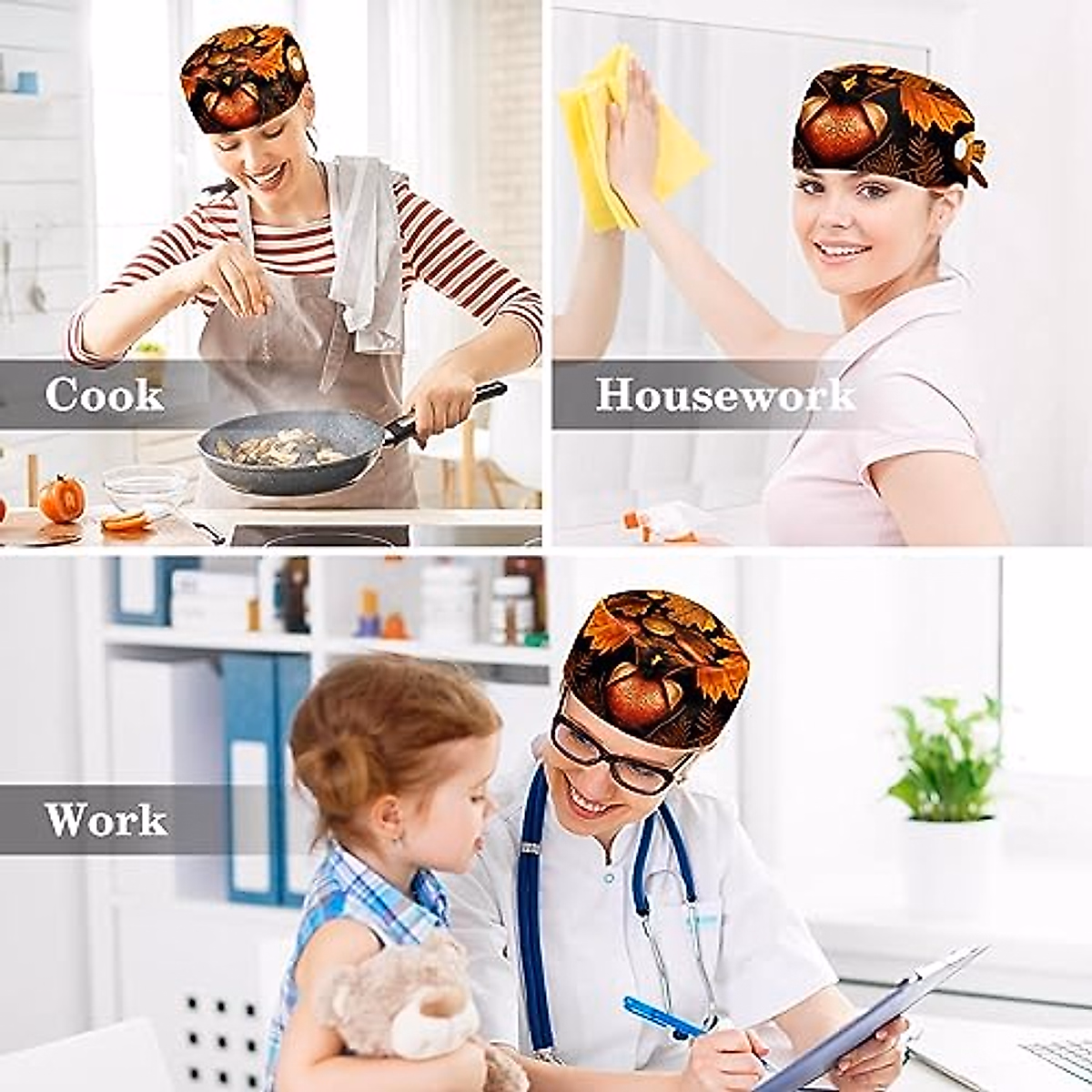 Happy Thanksgiving Acorns Bouffant Working Cap with Ribbon Tie for Women Long Hair, Scrub Surgical Hat, One Size Head Cover