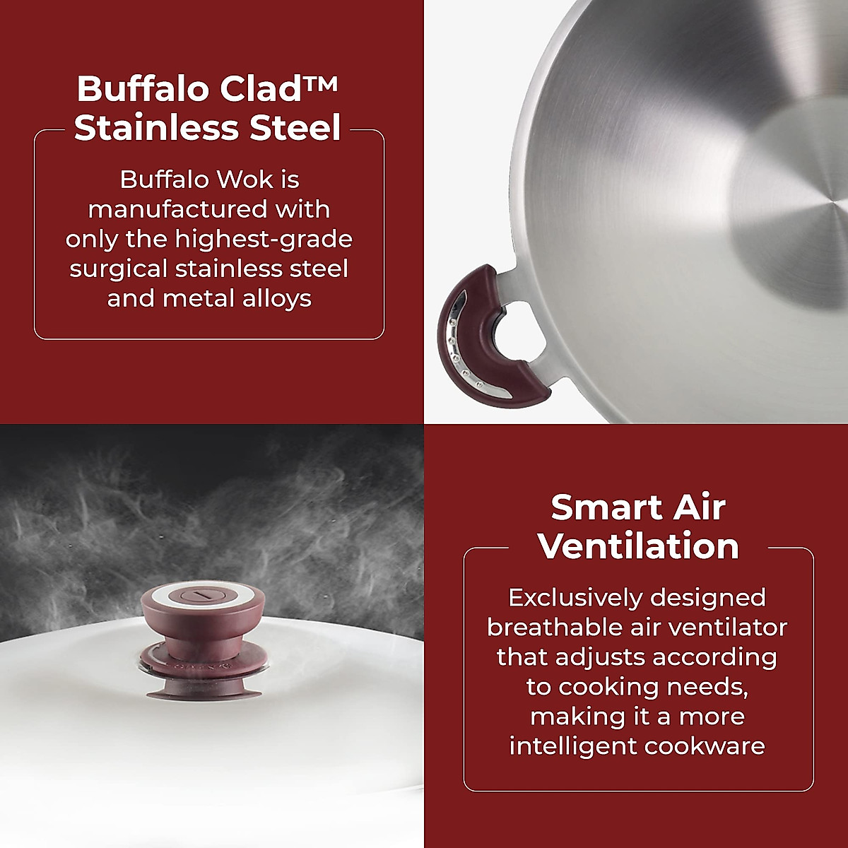BUFFALO Clad Stainless Steel Wok Pan with Lid Flat Bottom 15 inch (38cm) Stir Frying Pan Tri-Ply Nonstick Cookware - Double Handle Cooking Pot for Induction/Electric/Gas Stoves