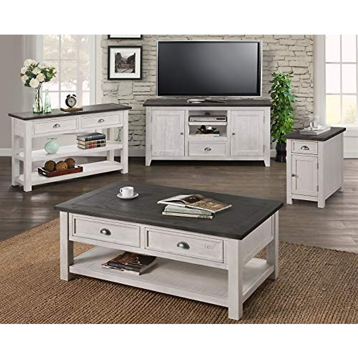 Martin Svensson Home Monterey Chairside Table - White with Grey Top - Coastal Multi-Use Table with Built-in Outlets and Drawers for Bedroom or Living Room
