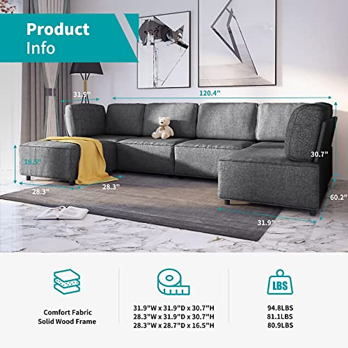BALUS L Shaped Modular Convertible Sectional Sofa with Ottoman,U Shaped Couch with Reversible Chaise, Free-Combined Oversized Sectional Sleeper Sofa Furniture Sets for Living Room