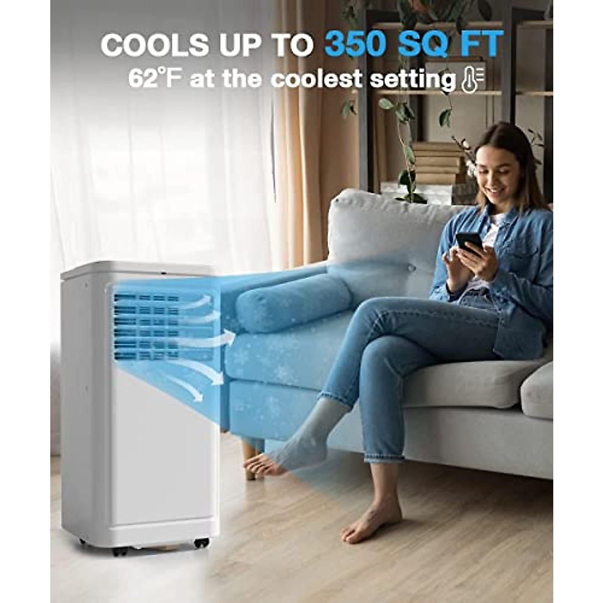 Joy Pebble Portable Air Conditioner 7900 BTU, 3in1 Portable AC with Dehumidifier & Fan, cooling for Room up to 350 sq. ft, ECO Mode, 2 Fan Speeds, 24H Timer, Remote Control