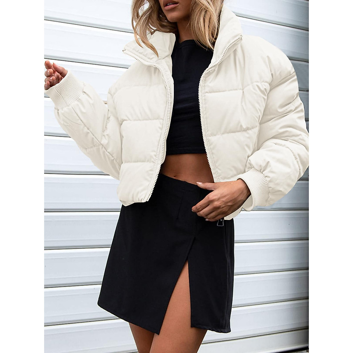 MEROKEETY Women's Winter Cropped Puffer Jacket Long Sleeve Oversized Stand Collar Zip-Up Short Coat