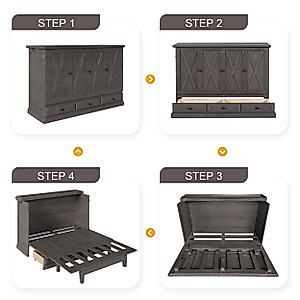 Tdewlye Full Size Murphy Bed, Solid Pine Murphy Bed Chest Cube Cabinet Bed with Charging Station and Large Storage Drawer for Home Office Or Small Room (Gray-j)