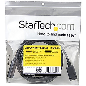 StarTech.com 6ft (2m) DisplayPort to HDMI Cable - 4K 30Hz - DisplayPort to HDMI Adapter Cable - DP 1.2 to HDMI Monitor Cable Converter - Latching DP Connector - Passive DP to HDMI Cord (DP2HDMM2MB)