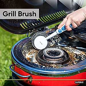 Superio Grill Scraper BBQ Brush with Long Handle and 2 Refills Blue- Grill Cleaner Stainless Steel Scourer for Barbecue, Frying Pan, Pot, Porcelain, Weber Gas, Charcoal Grill