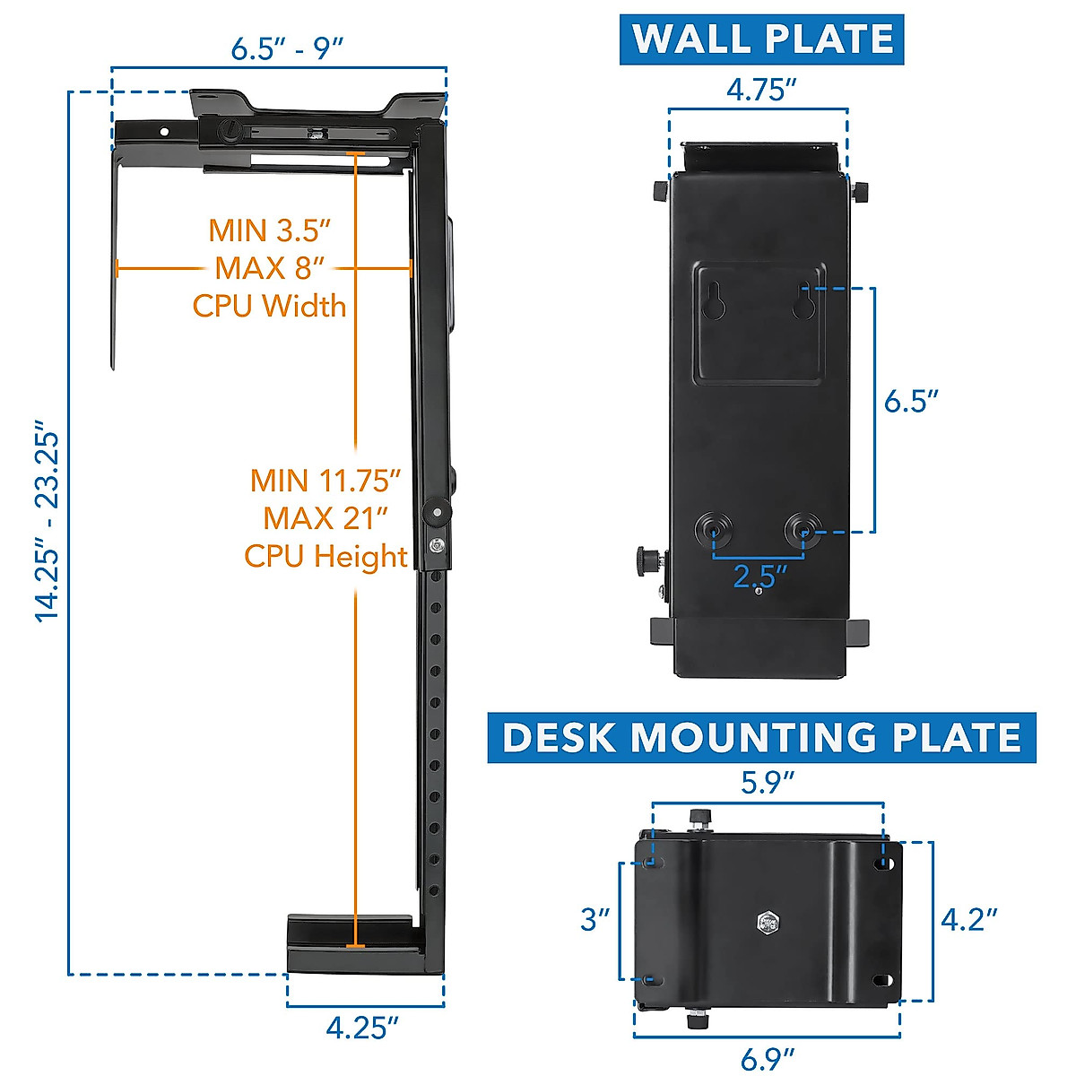 CPU Under Desk Mount Bracket - Computer Tower Wall and Under Counter Holder, 360 Degree Swivel Adjustable Height and Width Wall-Mountable
