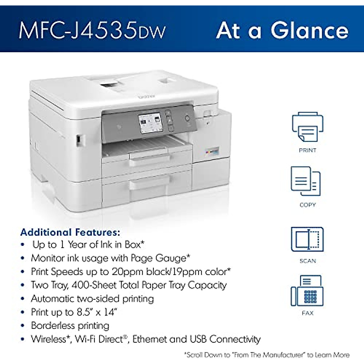Brother INKvestment Tank MFC-J4535DW Wireless Color All-in-One Inkjet Printer - Print Copy Scan Fax - 20 ppm, 4800 x 1200 dpi, 8.5" x 14", Auto Duplex Printing, 20-Sheet ADF, Wulic Printer Cable