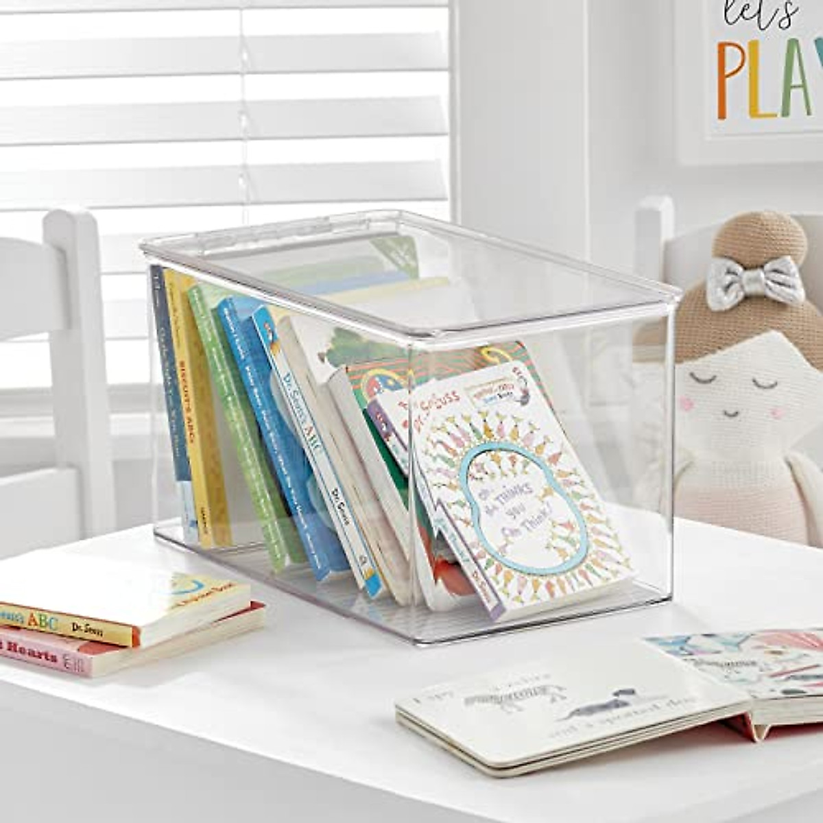 mDesign Plastic Stackable Toy Storage Bin Container Box with Hinge Lid for Organizing Living Room, Play Room, Bedroom, Nursery - Holds Blocks, Puzzles, Books - Lumiere Collection - 2 Pack - Clear