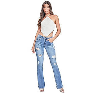 YMI Women's Wannabettabutt Highrise Super Flare Distressed Hem Denim Jeans(Medium Blue Rips,1)
