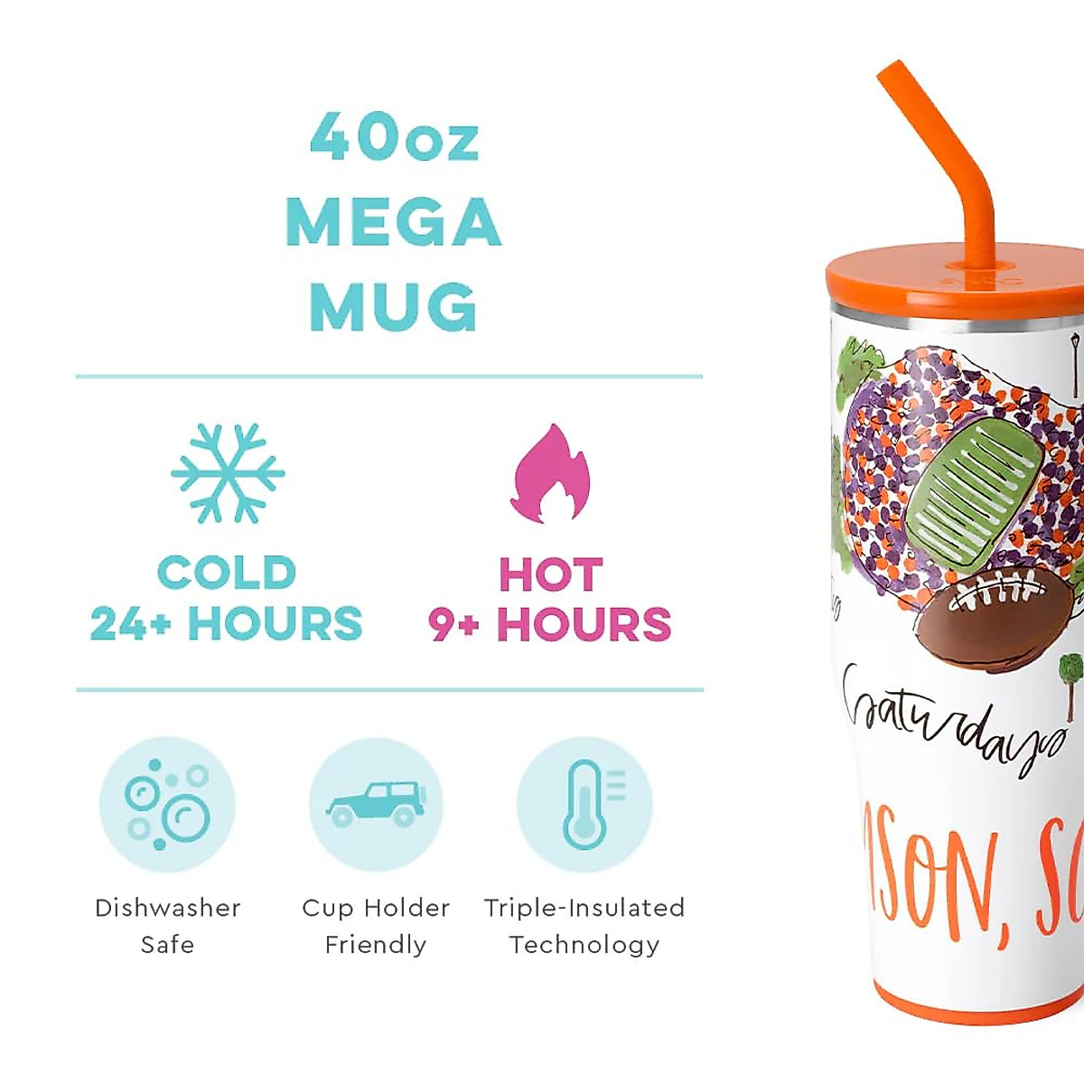 Swig Life 40oz Mega Mug, 40 oz Tumbler with Handle and Straw, Cup Holder Friendly, Dishwasher Safe, Extra Large Insulated Tumbler, Stainless Steel (Saturdays in Clemson)