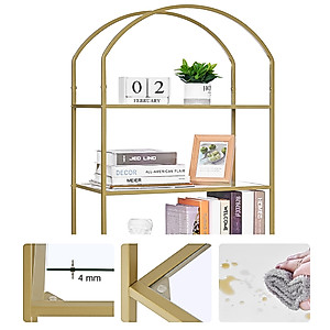 Homhedy 6-Tier Bookshelf Arched Display Racks, Metal Bookcase, Tempered Glass Shelves, Storage Rack Shelf for Home Office, Living Room, Bedroom, Bathroom, Modern Style, Golden