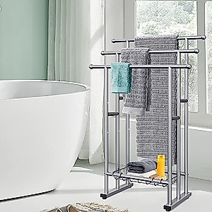 40" Tall Freestanding Towel Racks for Bathroom, 3 Tier Floor Towel Rack with Storage Basket, Blanket Ladder Drying and Display Rack for Large Bath Towel & Hand Towel Outdoor Poolside (Silver)