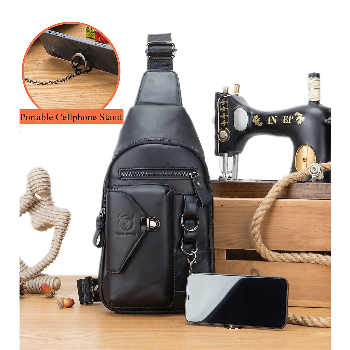 BULLCAPTAIN Genuine Leather Sling Bag for Men Crossbody with Cellphone Stand Chain Chest Shoulder Backpack Daypack XB-520 (Black)