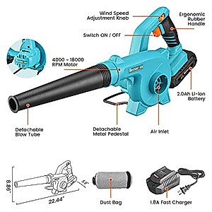 Berserker 20V Leaf Blower Cordless 2.0Ah Battery Operated and Charger Included,2-in-1 Compact Electric Powered Handheld Lightweight Variable-Speed Yard Vacuum for Lawn Care,Snow Blowing,Dust Cleaning