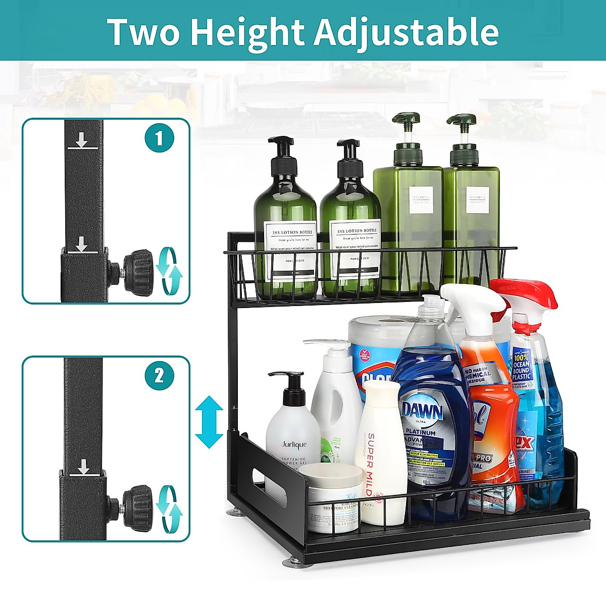 Coyeth Under Sink Organizer, Height Adjustable Metal 2-Tier Pull Out Cabinet Organizer Under Kitchen Sink Organizer, L Shaped Slide Out Sink Shelf, Under Cabinet Storage for Kitchen Bathroom