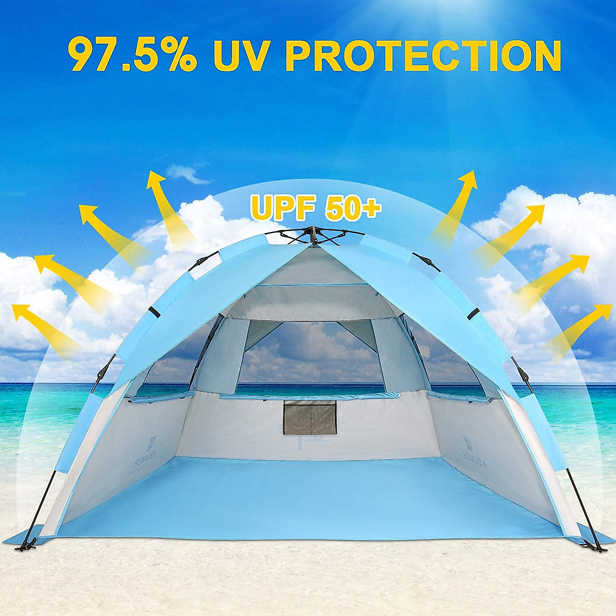 G4Free Deluxe XL Pop Up Beach Tent, 3-4 Persons Easy Setup Sun Shelter Canopy with UPF 50+ UV Protection Extral Wide 70.9 in