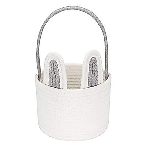 Sea Team Easter Bunny Basket for Eggs Hunt, Easter Eggs Bucket, Small Woven Cotton Rope Tote Bag with Rabbit Ears & Fluffy Tail for Kids, Easter Days Decoration, Party, Holidays, Gray