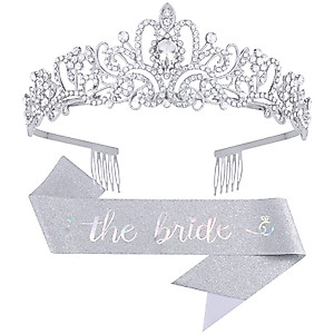 Crystal Crown and Silver Sash Kit, Bridal Shower Decorations Bachelorette Party Favors, Wedding Tiara and Glitter Sash for Bride
