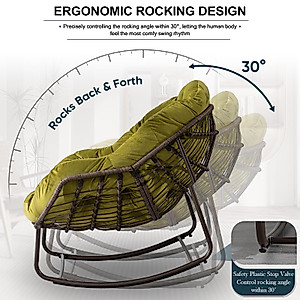 Outdoor Rocking Chair, Patio Oversized Rattan Egg Rocking Chair, Indoor Outside Padded Cushion Rocker Recliner Chair, Modern Lounge Chair for Front Porch, Garden, Backyard, Balcony, Deck, Olive Green