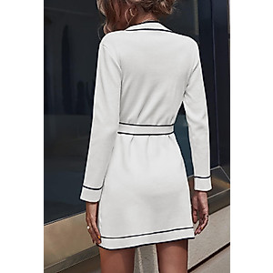 Pink Queen Womens Sexy V Neck Bodycon Sweater Dress Casual Long Sleeve Button Up Open Front Color Patchwork Tie Waist Cardigan Outerwear White L