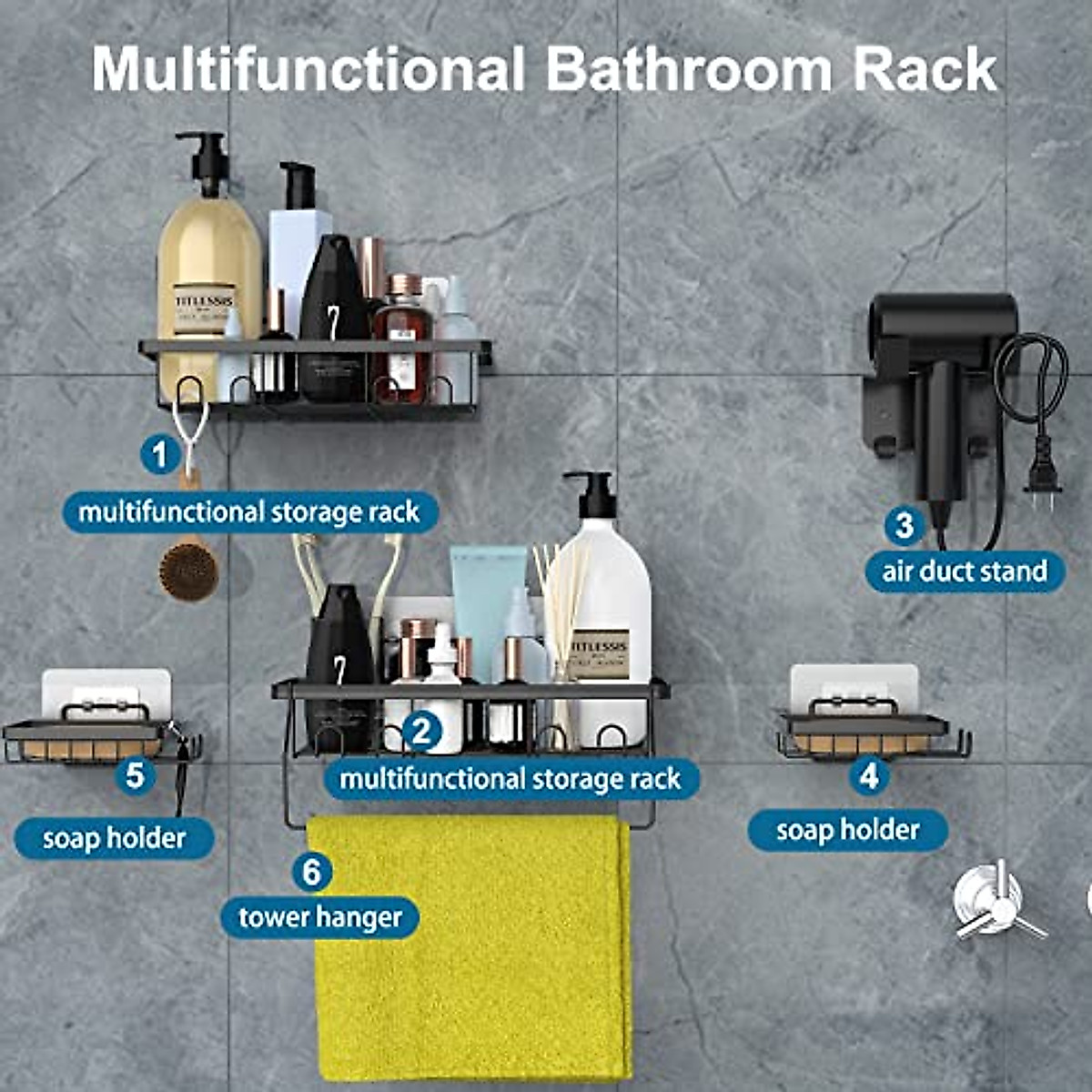 AucrBoa 6 Pack Shower Caddy Bathroom Shelf with Hair Dryer Holder, and Towel bar and Soap Dishes, No Drilling Traceless Adhesive Wall Mounted Bathroom Storage Organizer Basket with Hooks,Black