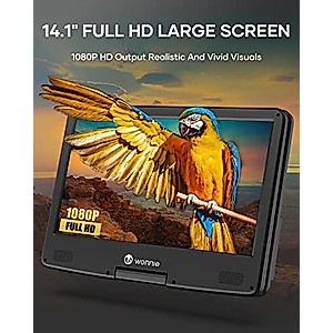 WONNIE 16.9" Portable Blu ray DVD Player with 14.1" 1080P HD Swivel Screen, 4-Hour Rechargeable Battery, Supports HDMI Output, Dolby Audio, Last Memory, Region Free, USB/SD Card, AV in