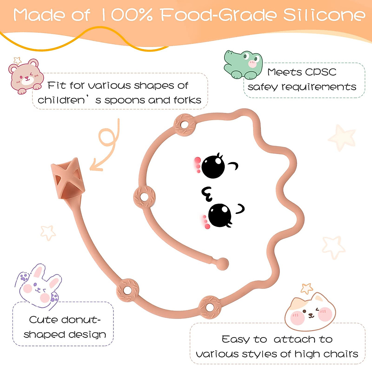 Baby Spoons Self Feeding 6 Month,SMAutoLife Toddler Utensils Holder Strap Food Grade Silicone Keep Fork and Spoon Off The Floor Great for Kids,Hook On High Chair(Orange)