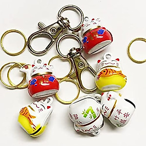 6 Pack Lucky Cat Collar Bells Loud Dog Collar Bells for Potty Training Necklace Pendant with Free Clips Key Rings White Red and Yellow