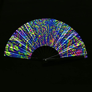 AMQTSLM UV Glow Large Rave Bamboo Folding Clack Hand Fan,Rave Hand Fan Large Folding Fans,Rave Fan for Men/Women Handheld Fan Dance Fan for EDM,Music Festival,Club,Freaky,Party,Gift (Waves)