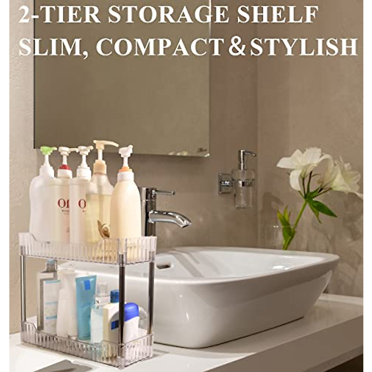 Sincey Slim Under Sink Bathroom Shower Shelf Organizer, 2-Tier Clear Acrylic Trays Shelf for Countertop,Counter Corner,Vanity,Cabinet Small Narrow Spaces, Multi-Storage for Toiletry,Skincare,Makeup