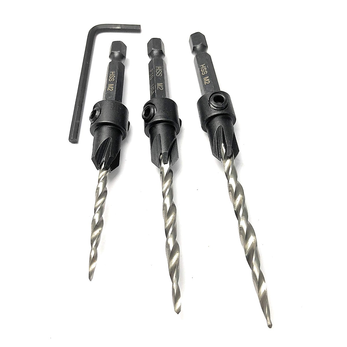 FTG USA Wood Countersink Drill Bit Set #6#8#10 Set Countersink HSS M2 Tapered Drill Bits, Quick Change 1/4 inch Hex Shank Countersink Bit, 1 Allen Wrench, and 6 Storage Containers for Countersinks