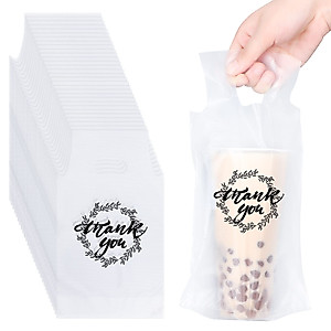 Kisston 1000 Pcs Drink Carrier for Delivery, Plastic Drinking Carrier Bags Thank You Clear Handle Drink Poly Bags Drink Bags Bulk Cup Carrier for Coffee Tea Beverage Juice (Hold 1 Cup)