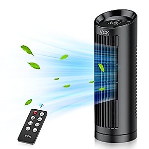 VCK Tower Fan, 80° Oscillating Fan with Remote Control, 13'' Portable Small Desk Fan, Adjustable 3 Speed, 12h Timer, 4 Mode, Personal Quiet Cooling Bladeless Table Fan For Bedroom Office Desktop