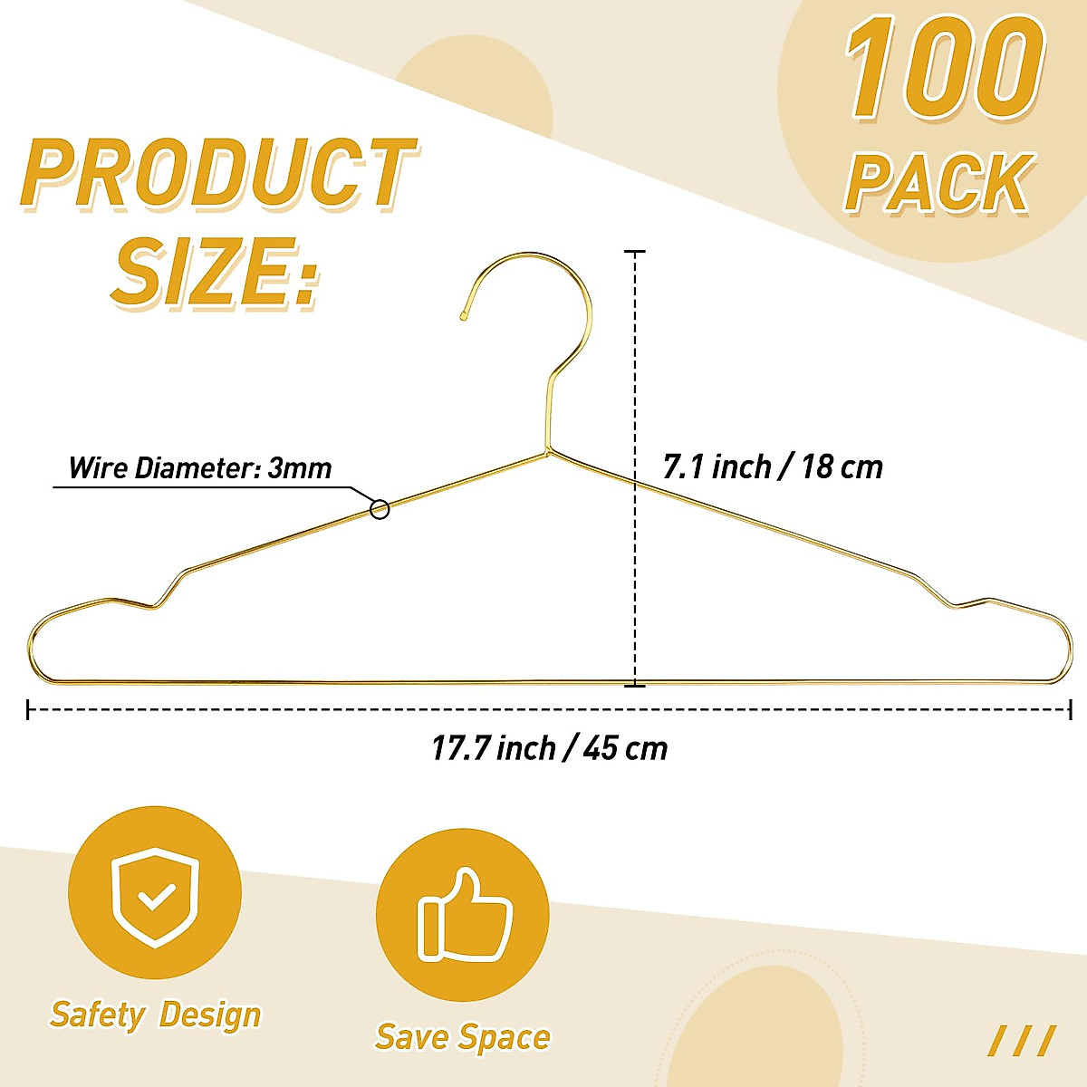 Wesiti 100 Pcs Stainless Steel Metal Hangers Wire Hangers for Clothes Strong Metal Hangers Wire 17.7 Inch Clothes Space for Coat Suit Bridal Boutique Dress Closet Dorm Clothing Rack(Gold)