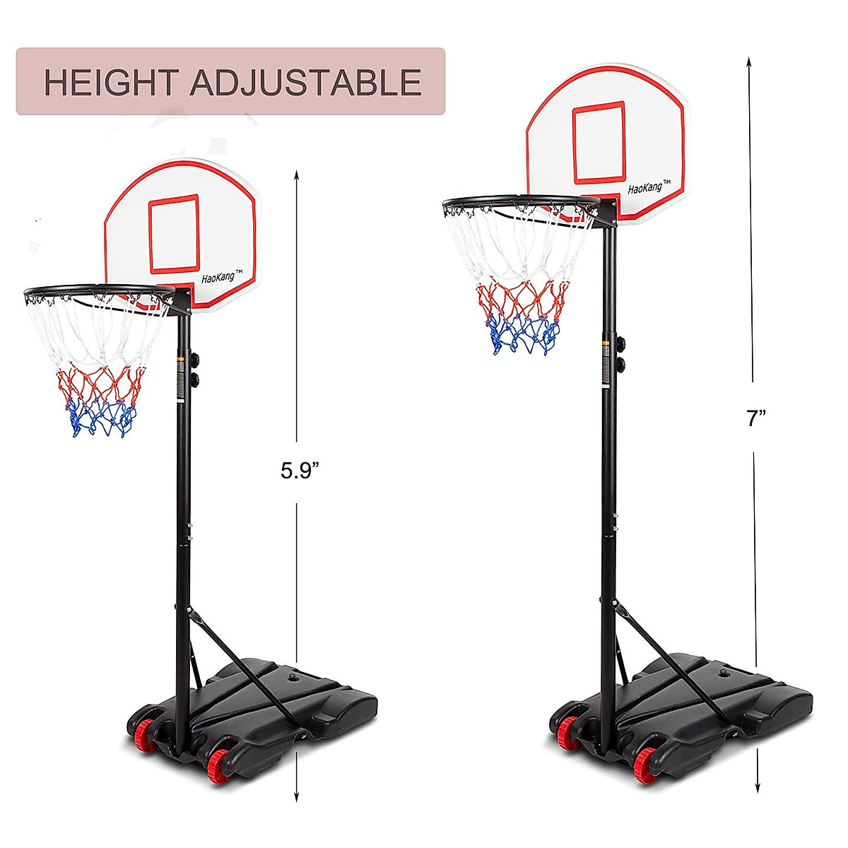 HaoKang Portable Basketball Hoop wtih Adjustable Height 28" Backboard Free Standing System w/Wheels for Kids Teenager