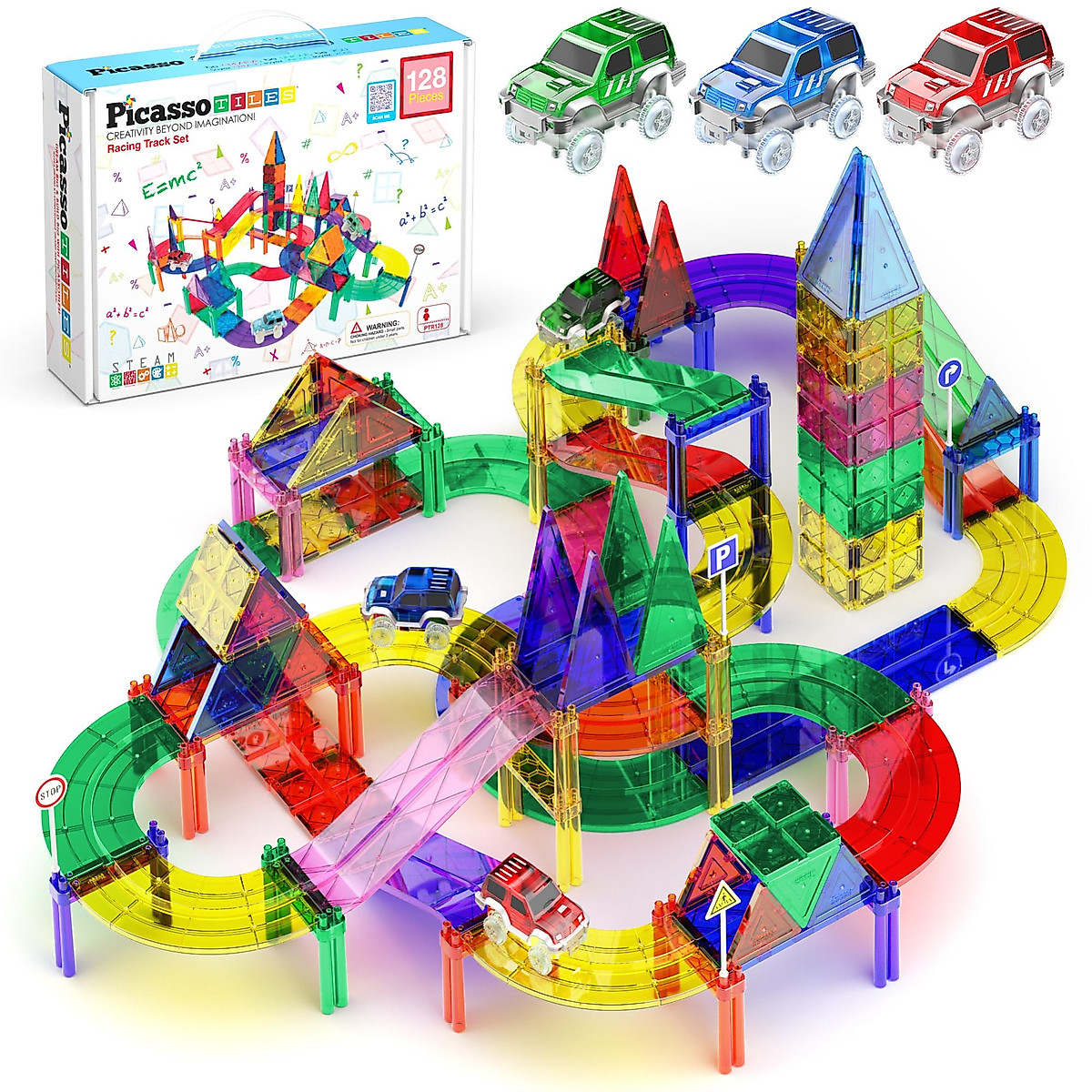 PicassoTiles 128 Piece Race Car Track Building Block Educational Toy Set Magnetic Tiles Magnet Playset 3 LED Car STEM Learning Construction Kit Hand-Eye Fine Motor Skill Training Brain Development