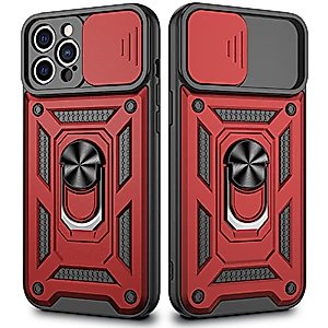 VEGO Compatible for iPhone 12 Pro Max Case, iPhone 12 Pro Max Kickstand Case with Slide Camera Cover, Built-in 360° Rotate Ring Stand Magnetic Cover Case for iPhone 12 Pro Max 6.7 inch, Red