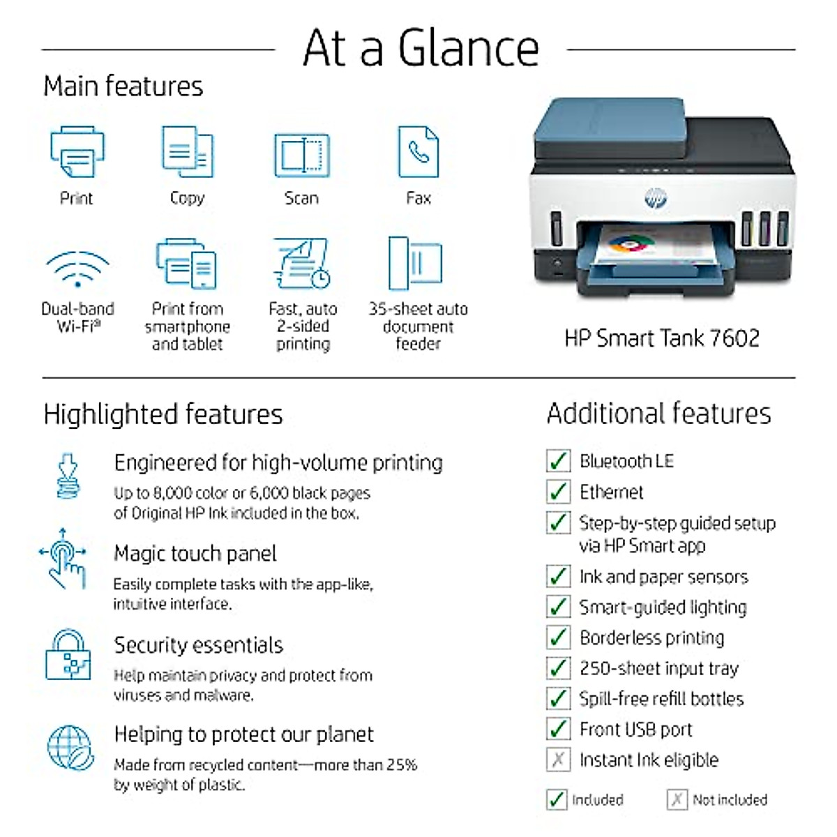 HP Smart -Tank 7602 Wireless All-in-One Cartridge-free Ink Printer, up to 2 years of ink included, mobile print, scan, copy, fax, auto doc feeder, featuring an app-like magic touch panel (28B98A)