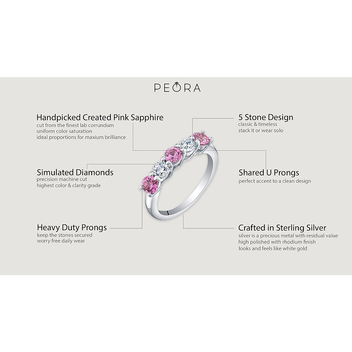 PEORA Created Pink Sapphire Half Eternity Ring for Women 925 Sterling Silver, 0.75 Carat total, Dainty Trellis Band, 3.5mm, Size 9
