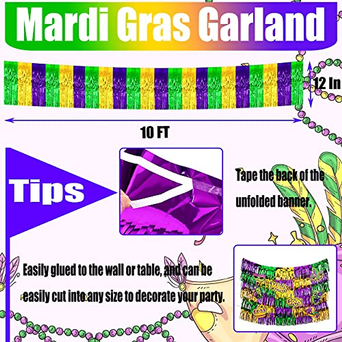 6 Pack 10 Feet Mardi Gras Foil Fringe Garland Metallic Tinsel Streamers Banner Wall Hanging Backdrop for Parade Floats, Bachelorette, Wedding, Birthday, Carnival Party Decorations(Gold Green Purple)