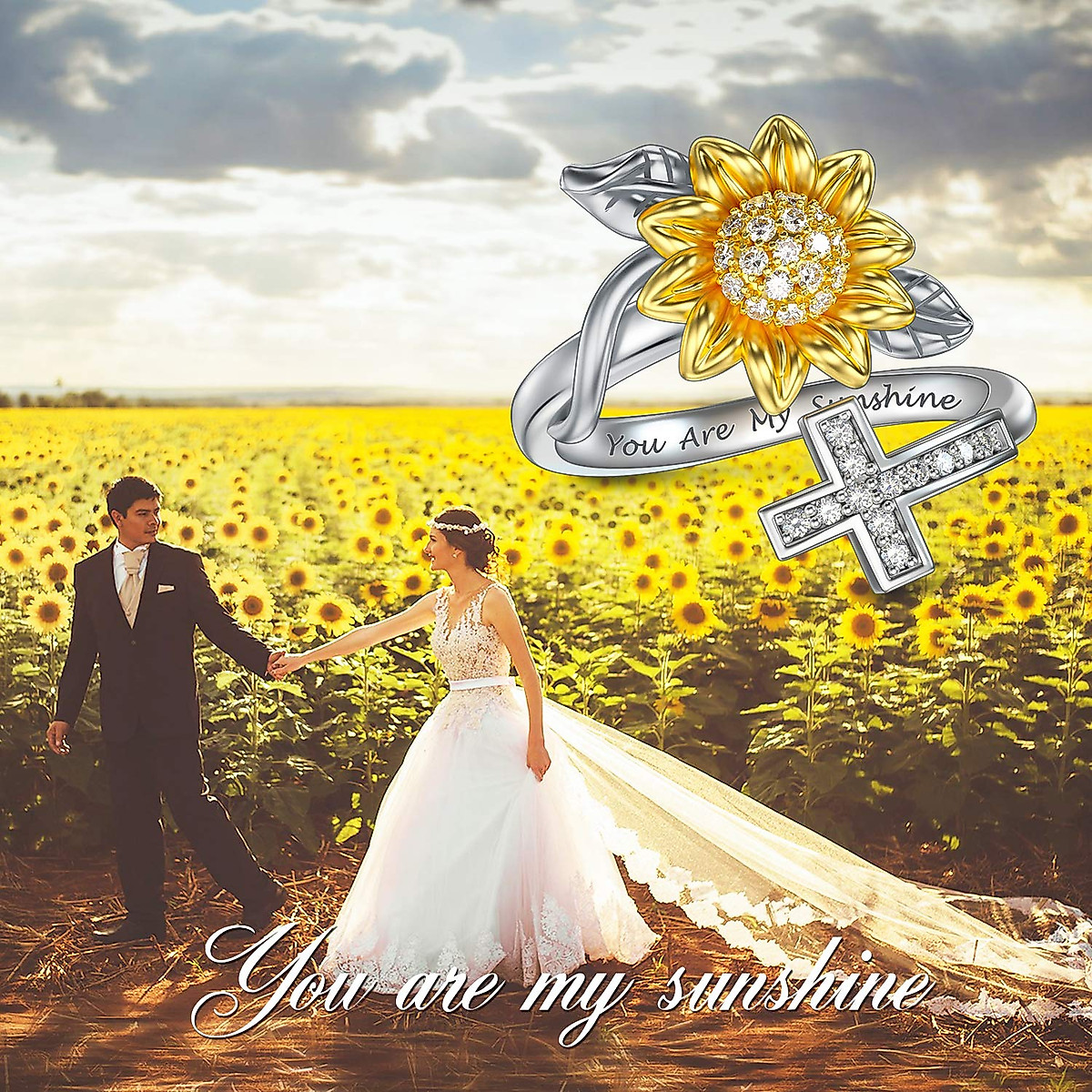 LONAGO Sunflower Cross Ring 925 Sterling Silver You Are My Sunshine Adjustable Size Ring Religious Crucifix Jewelry Gift for Women (8)